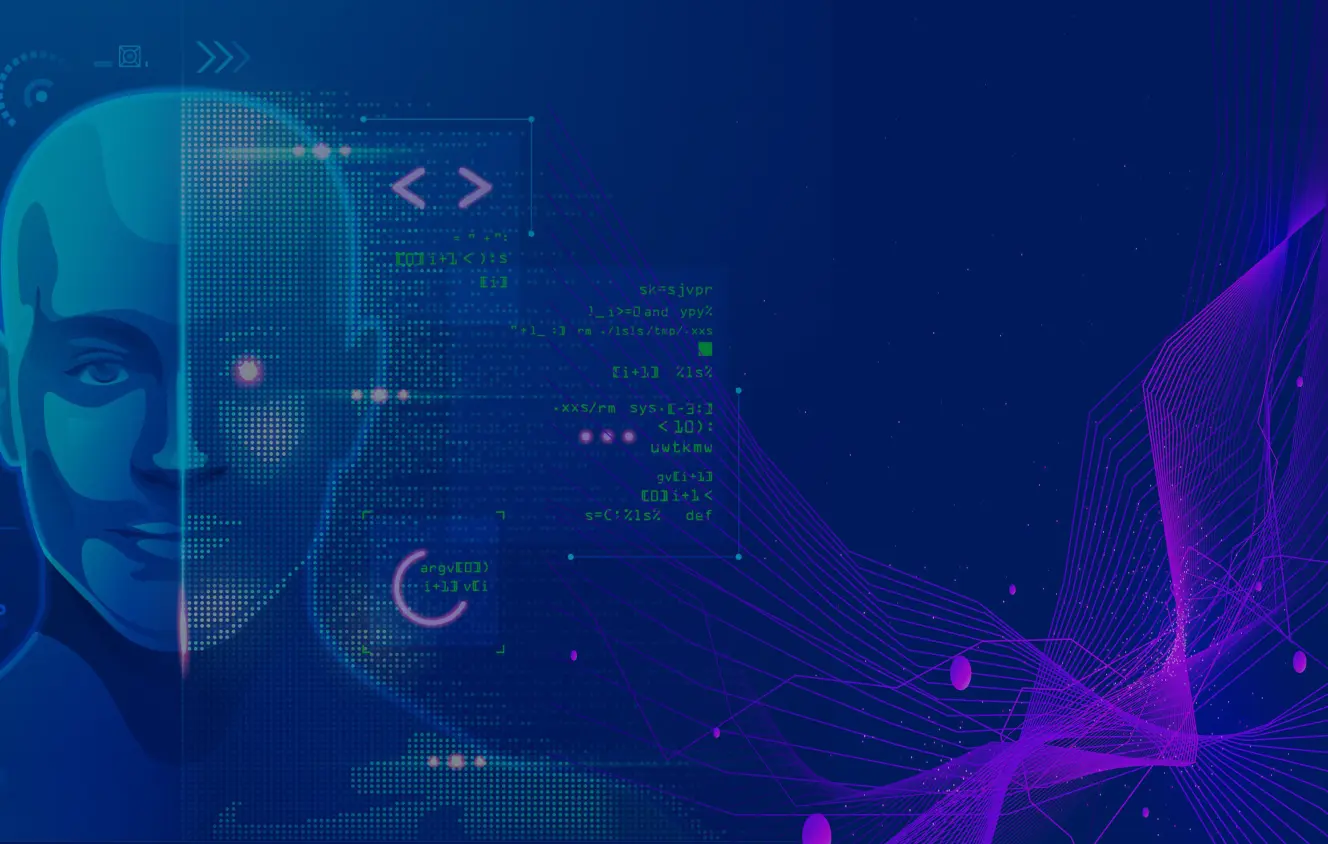 A blue background with an AI avatar